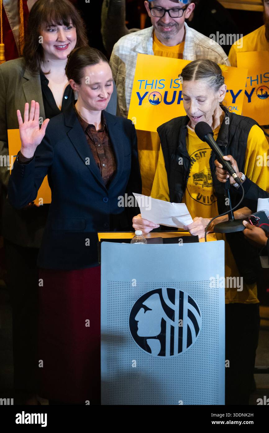 Seattle, USA. 2nd Jan, 2026. Mayor Katie Wilson is sworn in at City ...