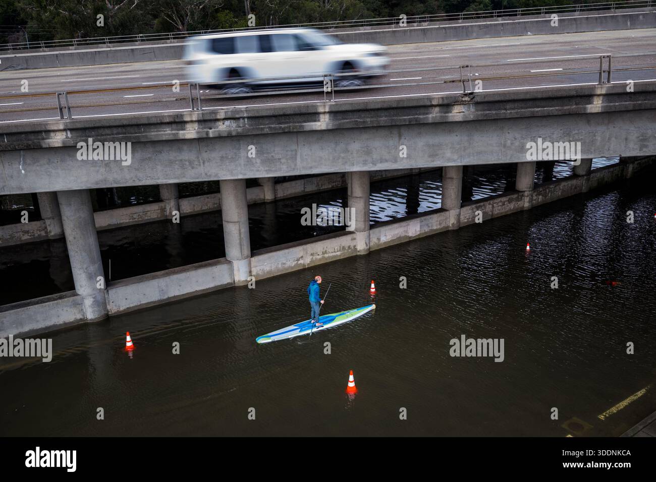 A person paddle boards along a flooded street caused by the king tides ...