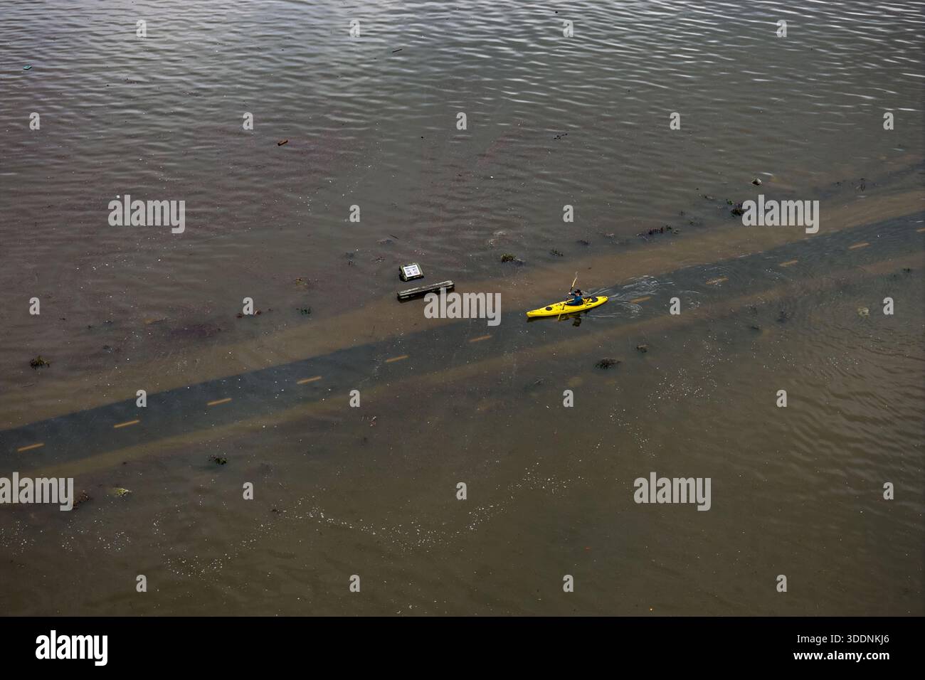 A person kayaks along a path flooded by the king tides Friday, Jan. 2 ...