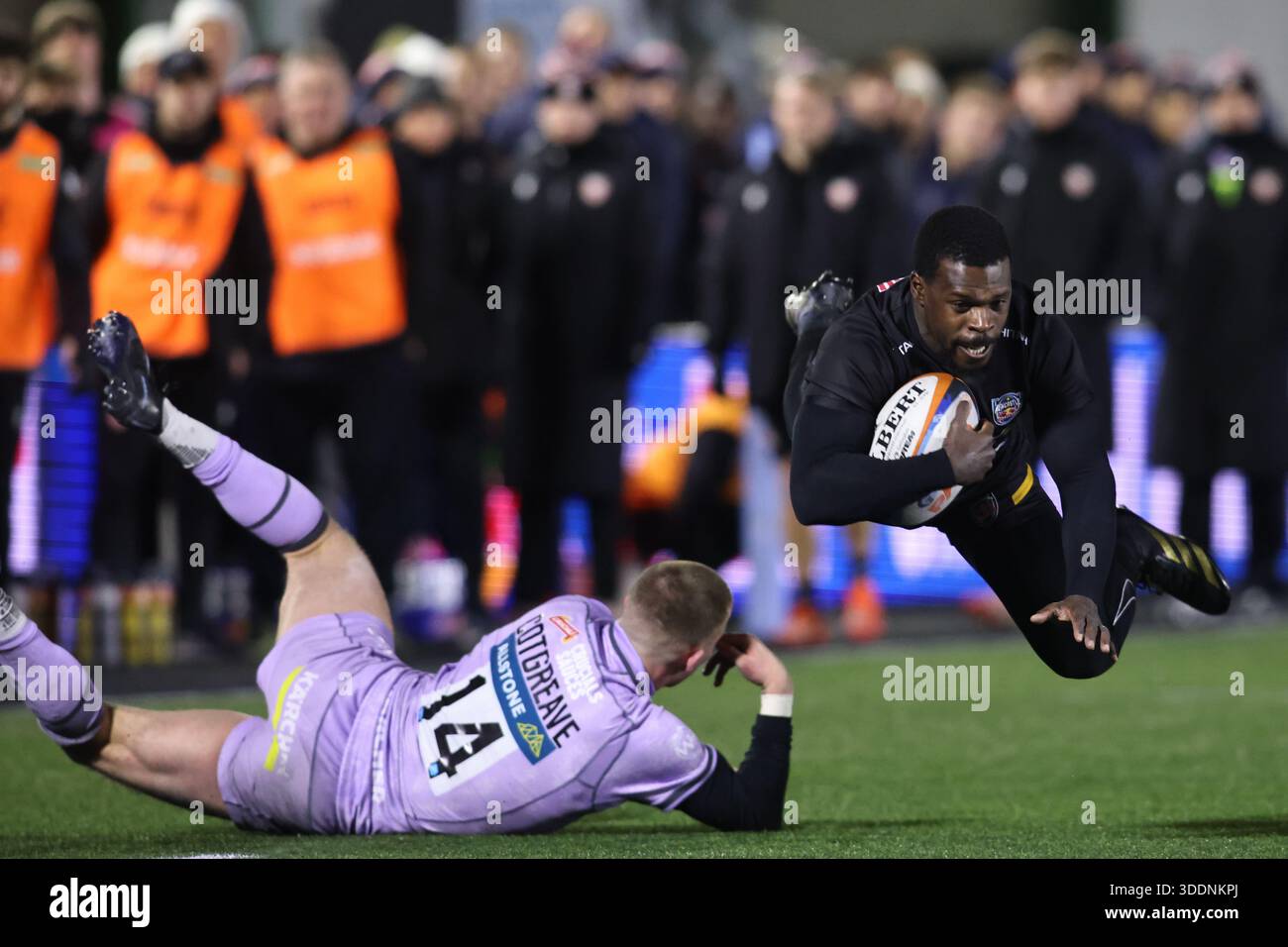 Christian Wade of Newcastle Red Bulls us tackled by Jack Cotgreave, of ...