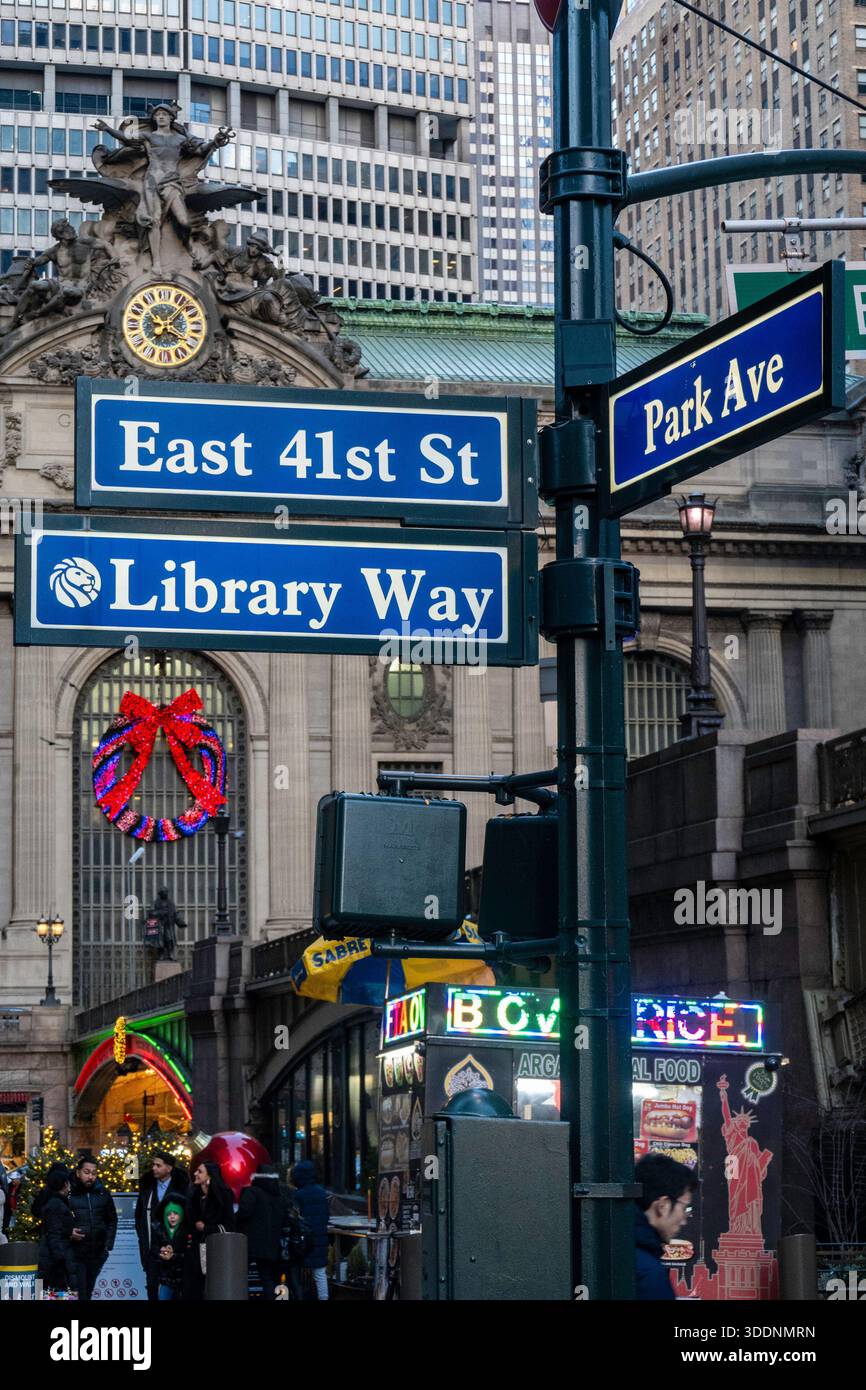 Street Signs and Holiday Lights at Grand Central Terminal and Pershing ...