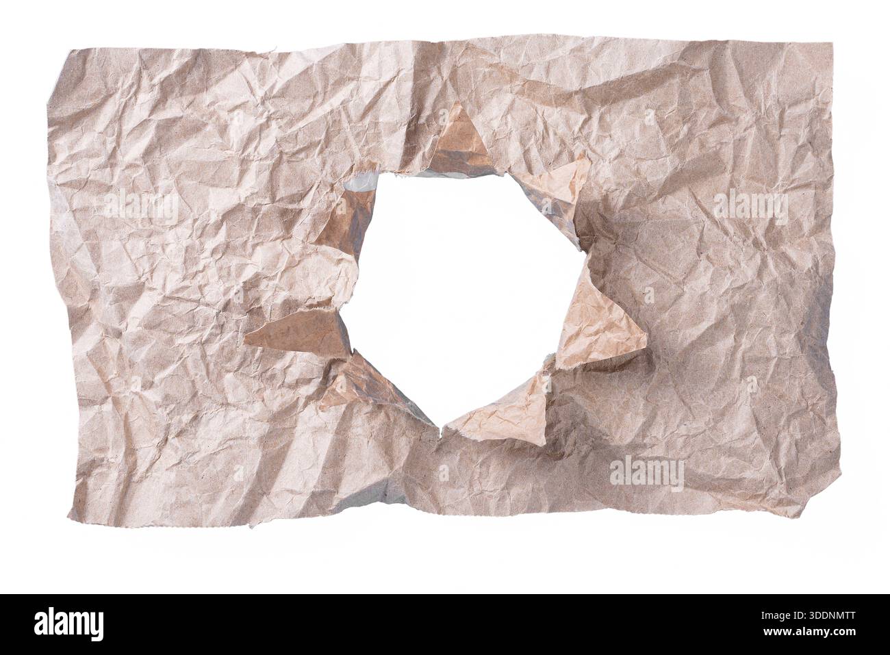 Crumpled brown paper with irregular torn hole isolated on white ...