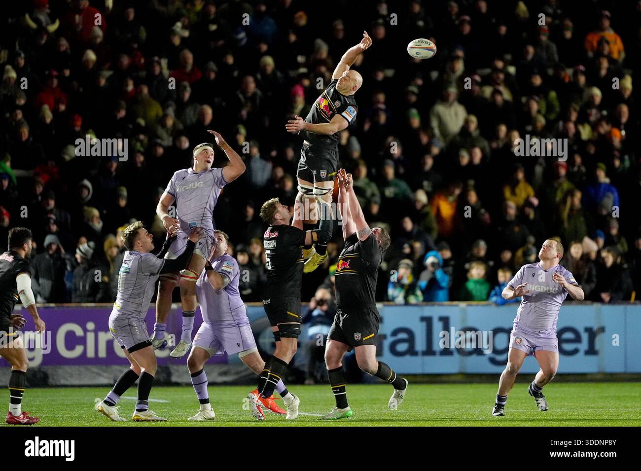 Newcastle's Tom Christie misses the ball in a line out during the ...