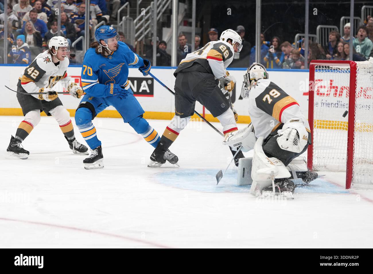 St. Louis Blues' Oskar Sundqvist (70) scores past Vegas Golden Knights ...