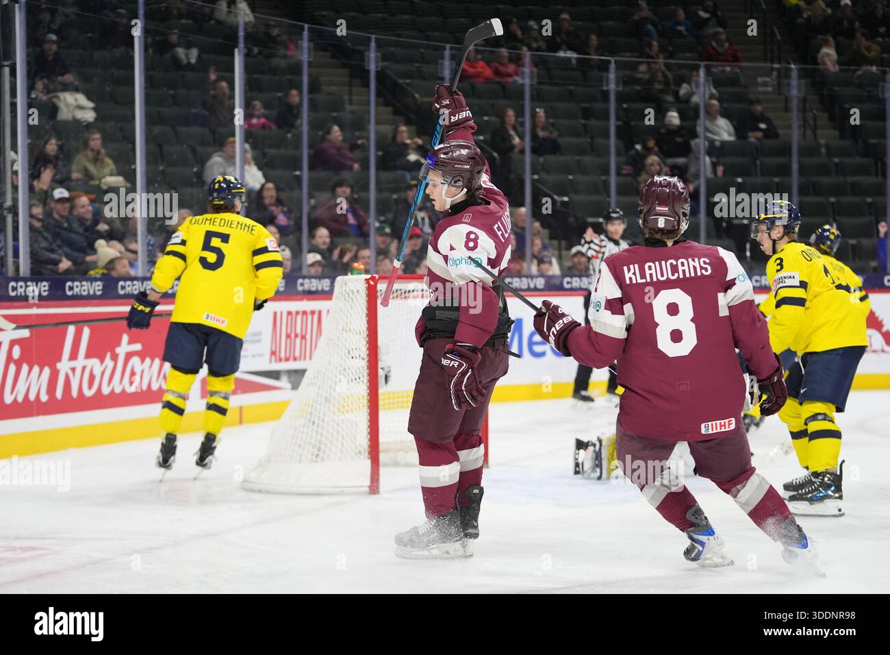 Latvia forward Martins Klaucans (8) celebrates after scoring a goal ...