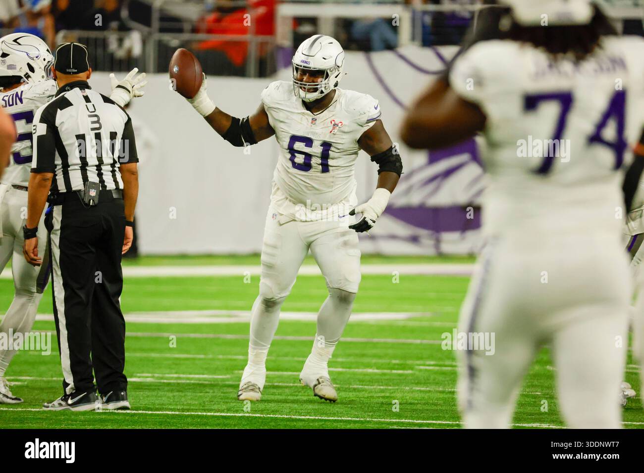 Minnesota Vikings defensive lineman Jalen Redmond (61) shows the ...