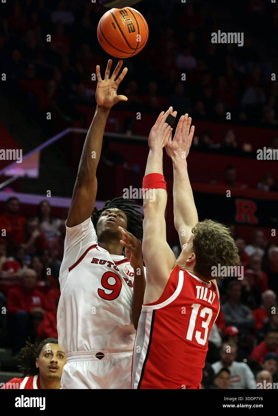 Rutgers forward Dylan Grant (9) shoots over Ohio State center Christoph ...