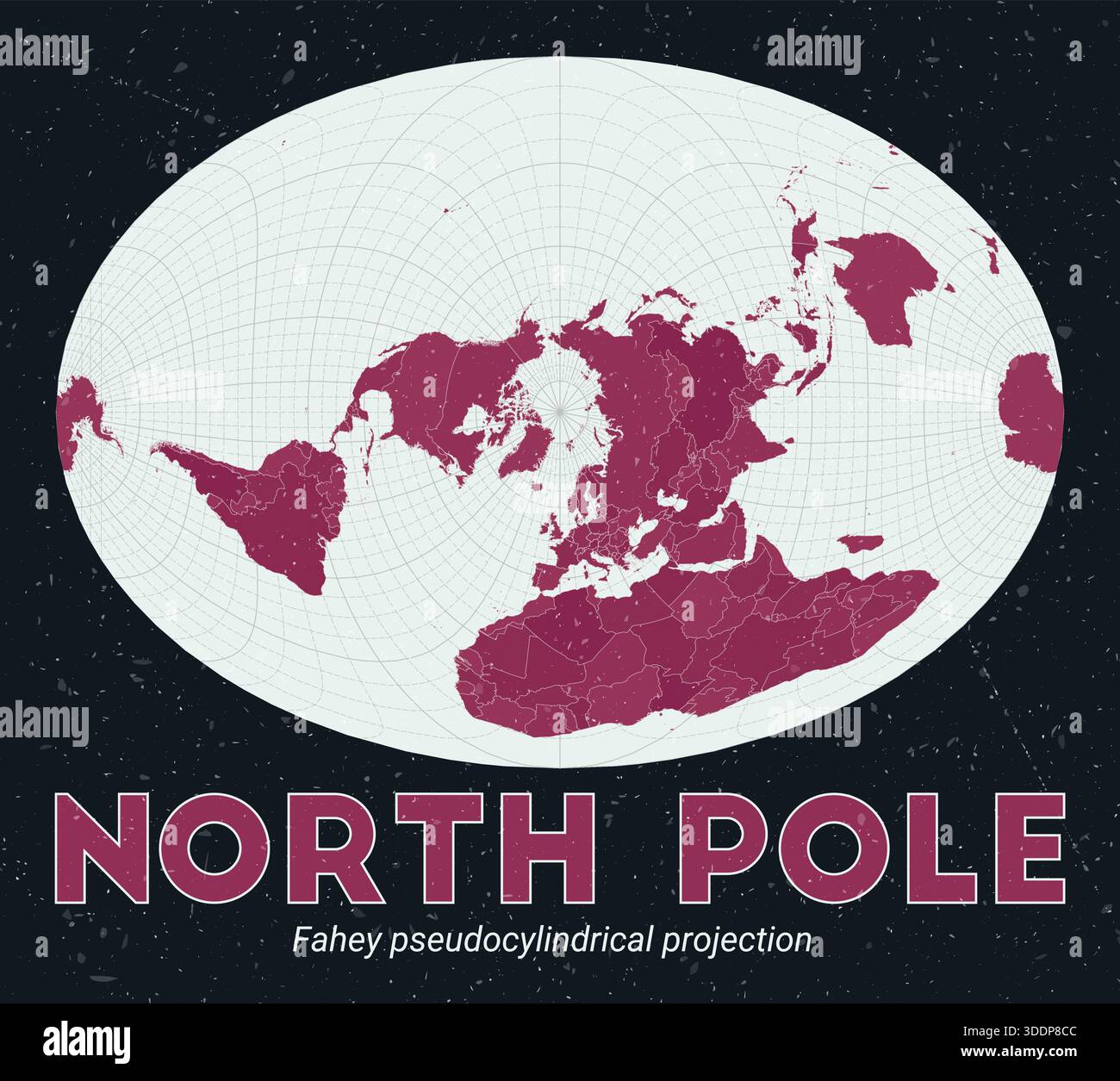 North Pole. World map. Fahey pseudocylindrical projection centered on ...
