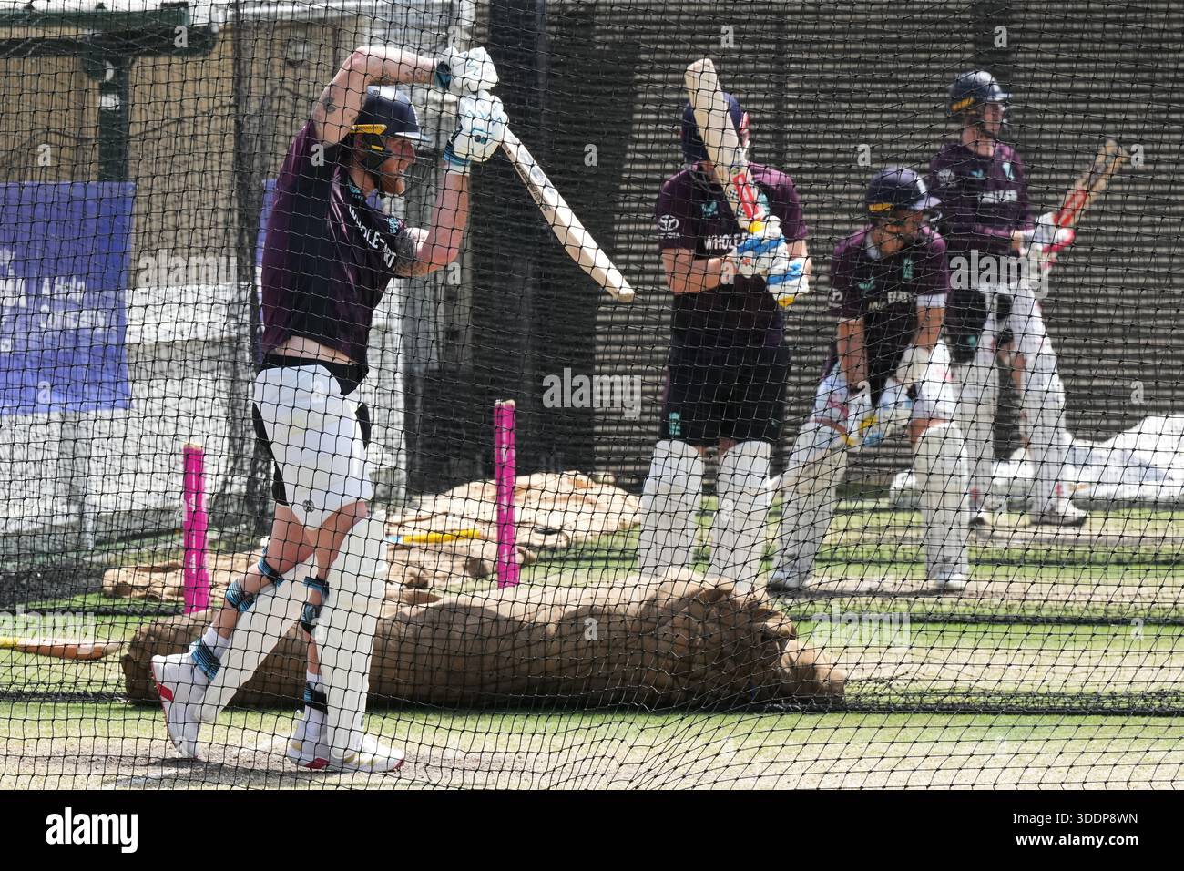 England's Ben Stokes bats with teammates during a practice session ...