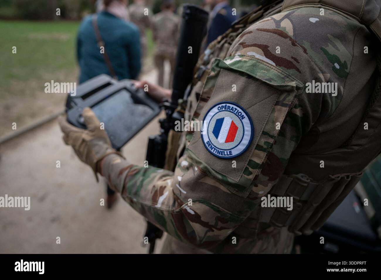 This photo shows a French army drone pilot during a Sentinelle mission ...