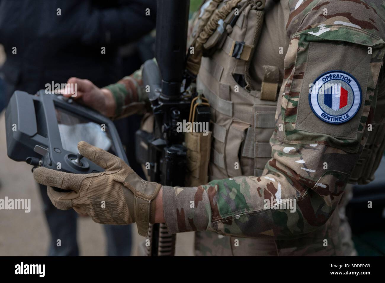 This photo shows a French army drone pilot during a Sentinelle mission ...