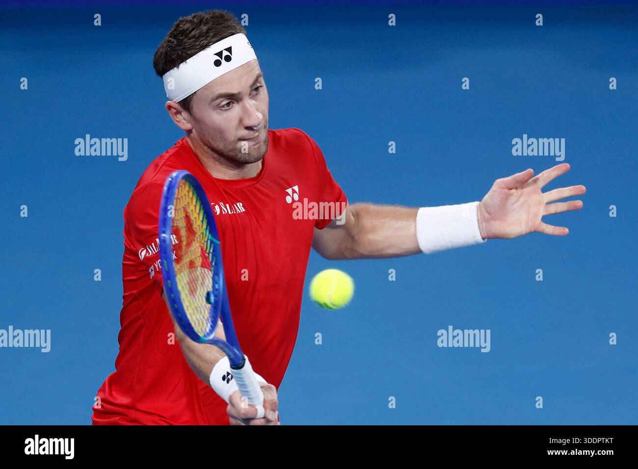 Casper Ruud of Team Norway plays a forehand in his Group D singles ...