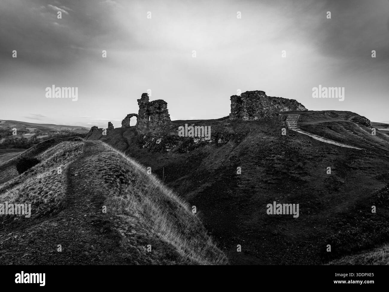 Black and white view of Dinas Brân Castle ruins above Llangollen on a ...