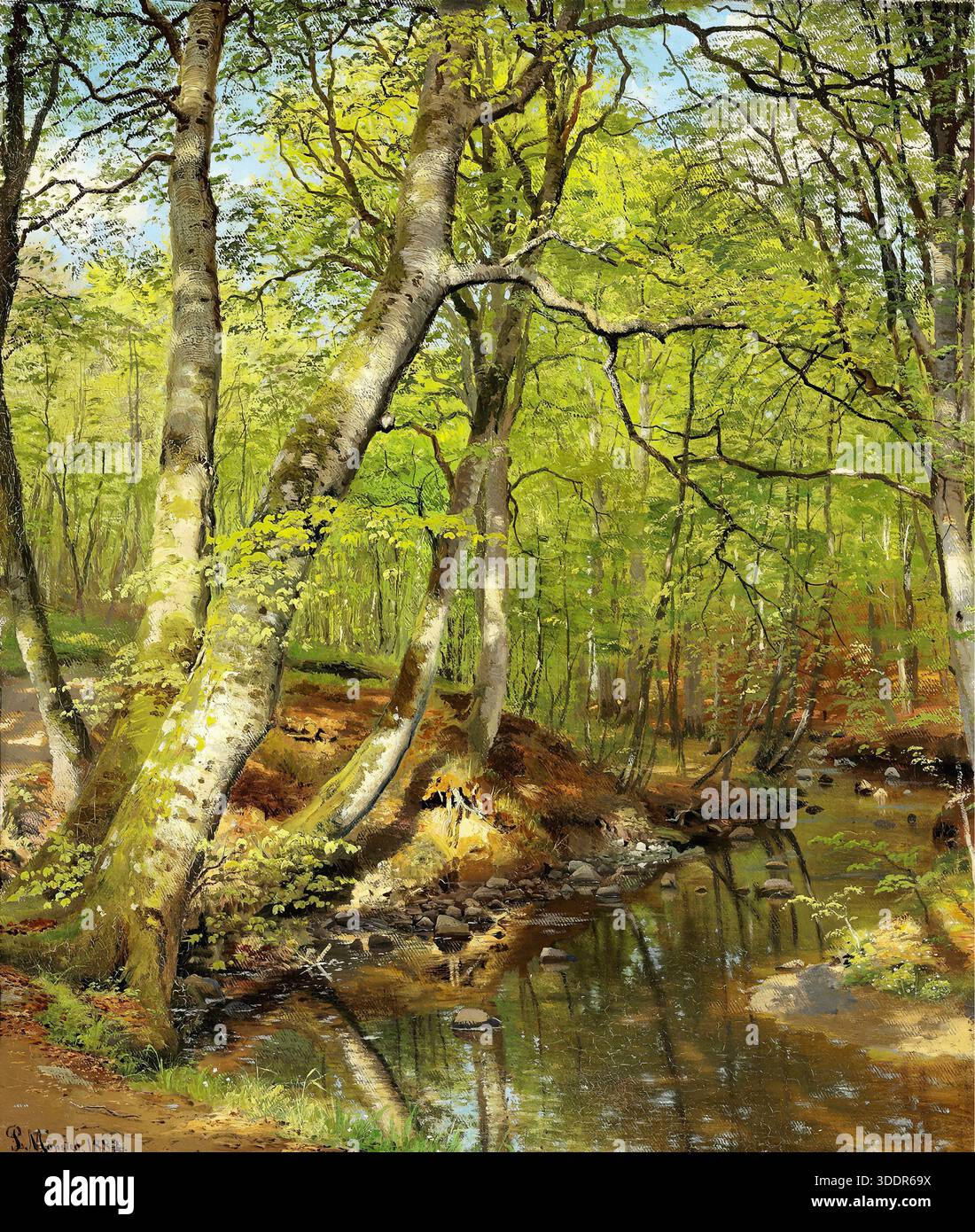 Peder Mork Monsted - a Stream in a Spring Forest with New-Leaved Beech ...