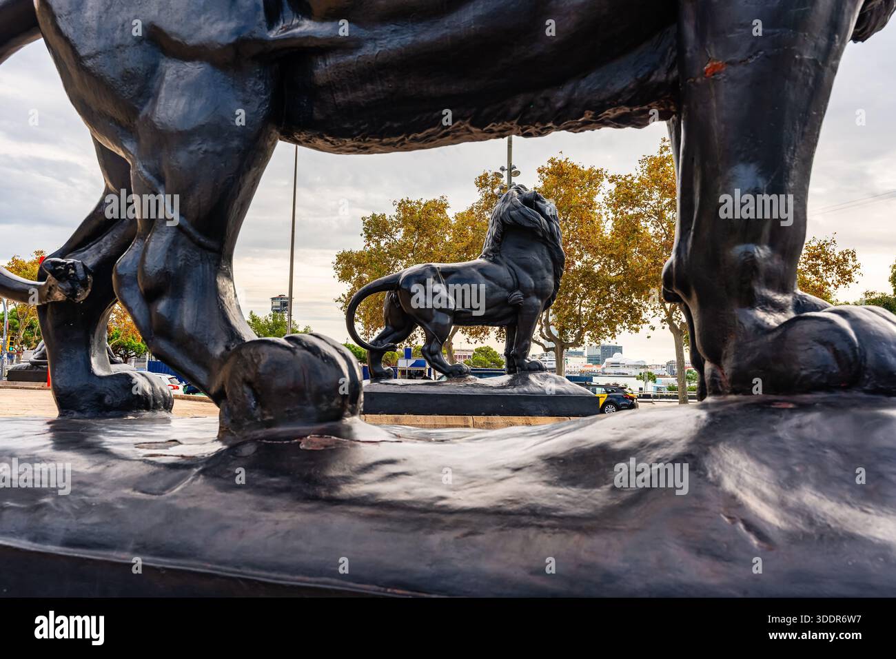 Columbus Square with the famous black statues of lions installed at the ...