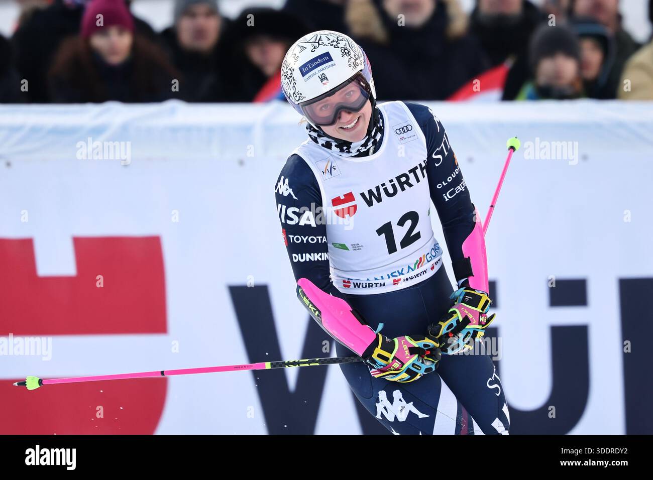 United States' Nina O Brien reacts at the finish line during an alpine ...