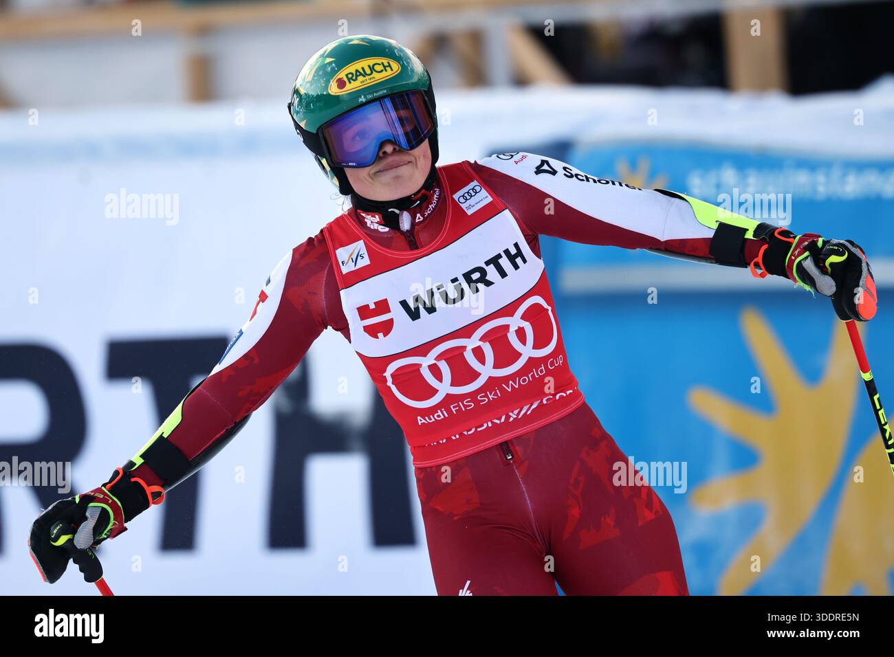 Austria's Julia Scheib reacts at the finish line during an alpine ski ...