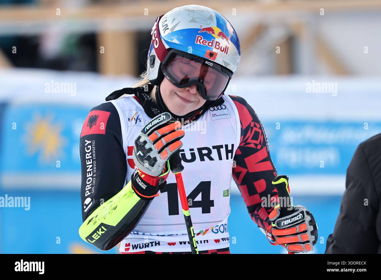 Albania's Lara Colturi reacts at the finish line during an alpine ski ...