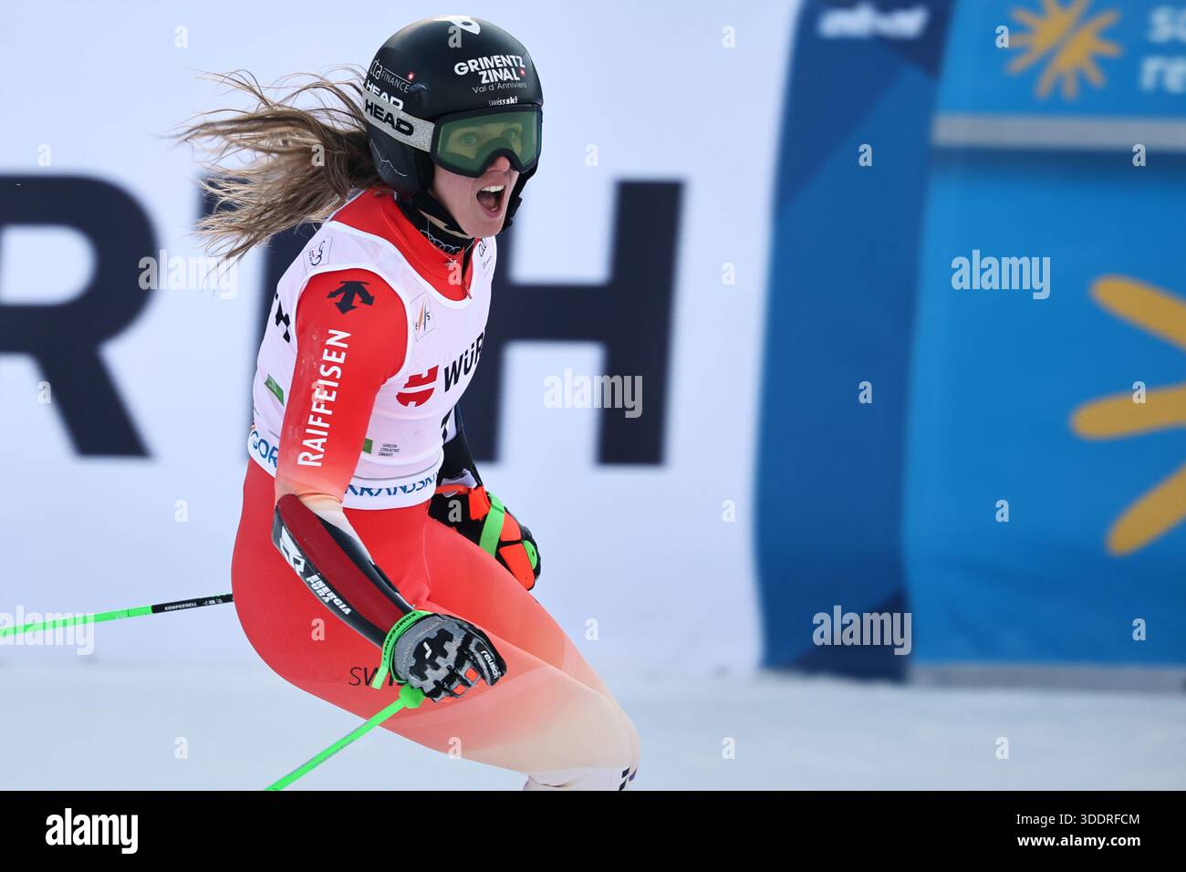 Switzerland's Camille Rast celebrates winning an alpine ski, women's ...
