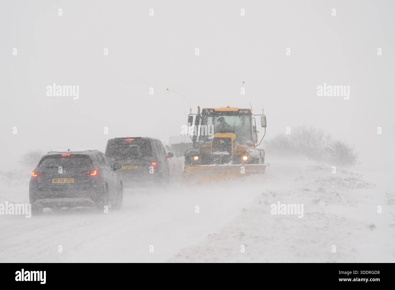 Traffic on the A171 between Whitby and Scarborough in a snow blizzard ...