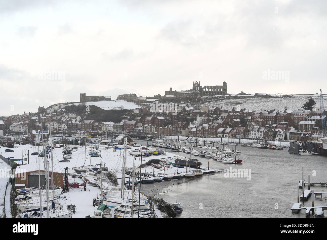 Whitby in Yorkshire covered with snow. Bitterly cold weather is ...