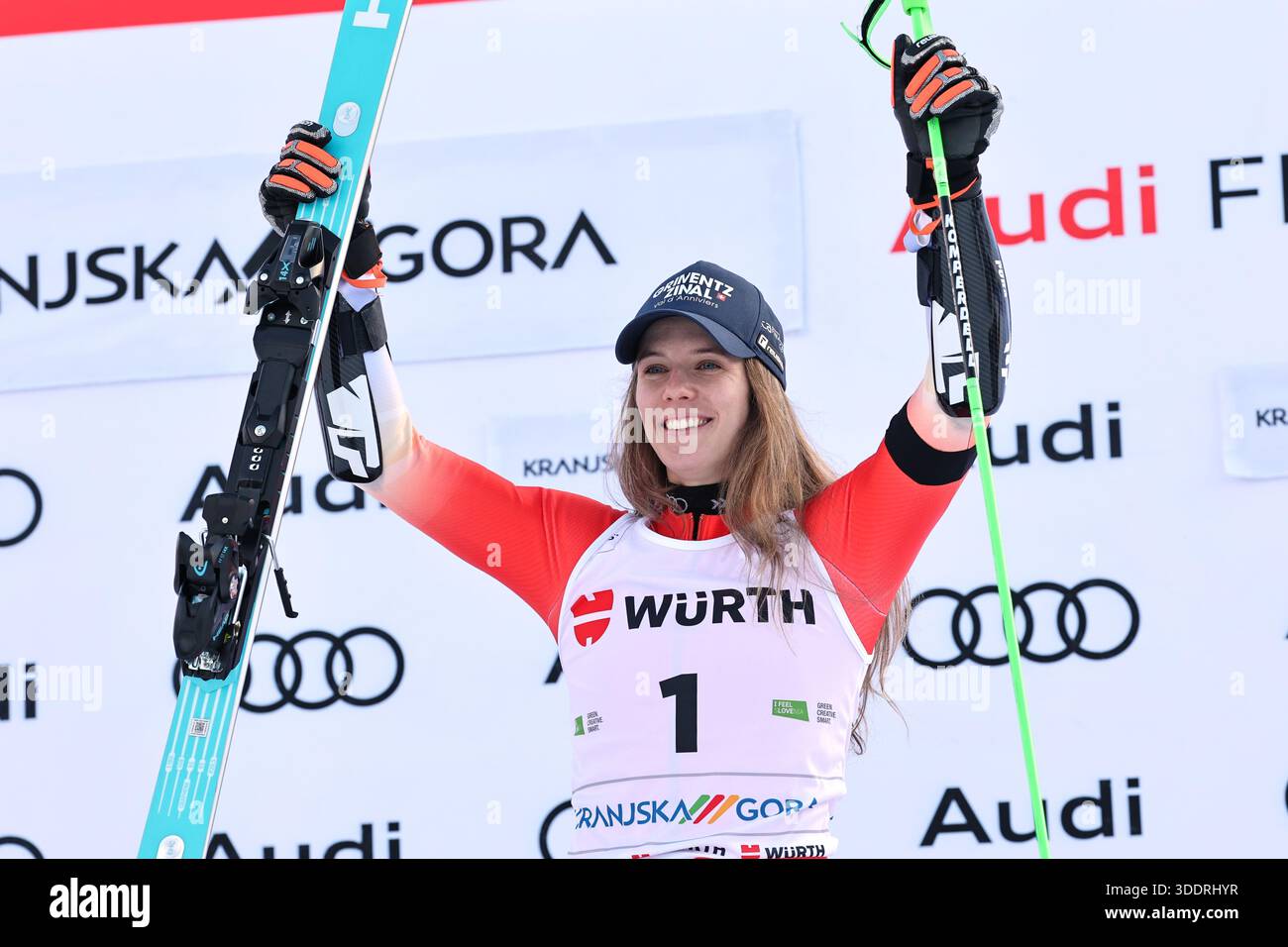 Switzerland's Camille Rast celebrates on podium after winning an alpine ...