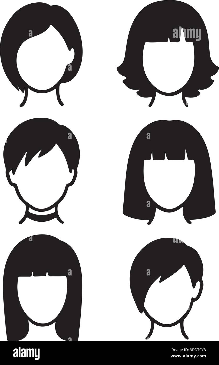 Female Head Silhouettes Set Six Stylized Hair Vector Illustrations ...