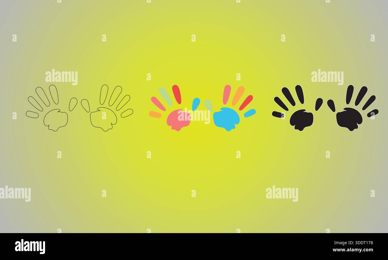 Illustration of three different styles of handprints: outline ...