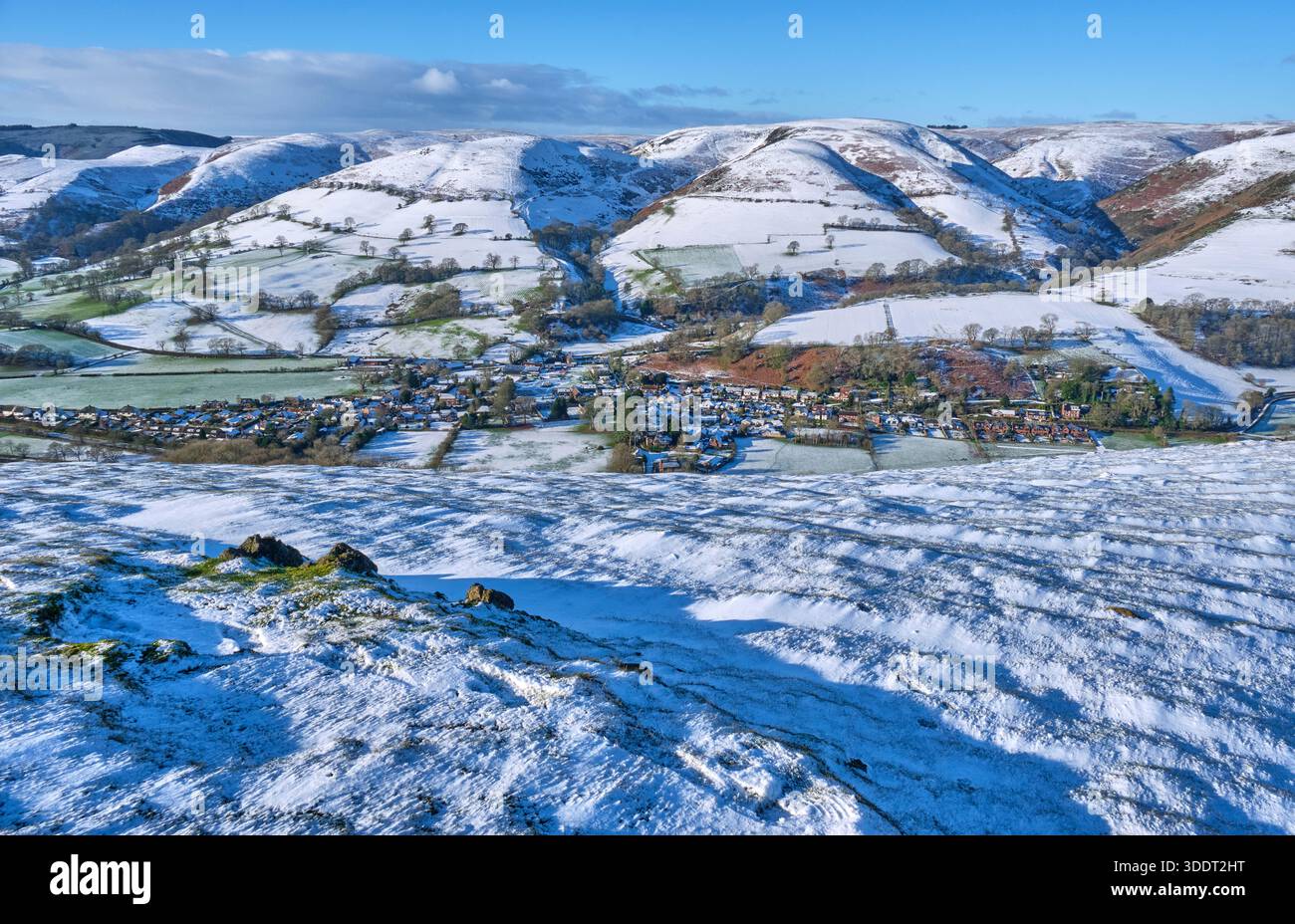 Little Stretton and the Long Mynd in snow seen from Ragleth Hill ...