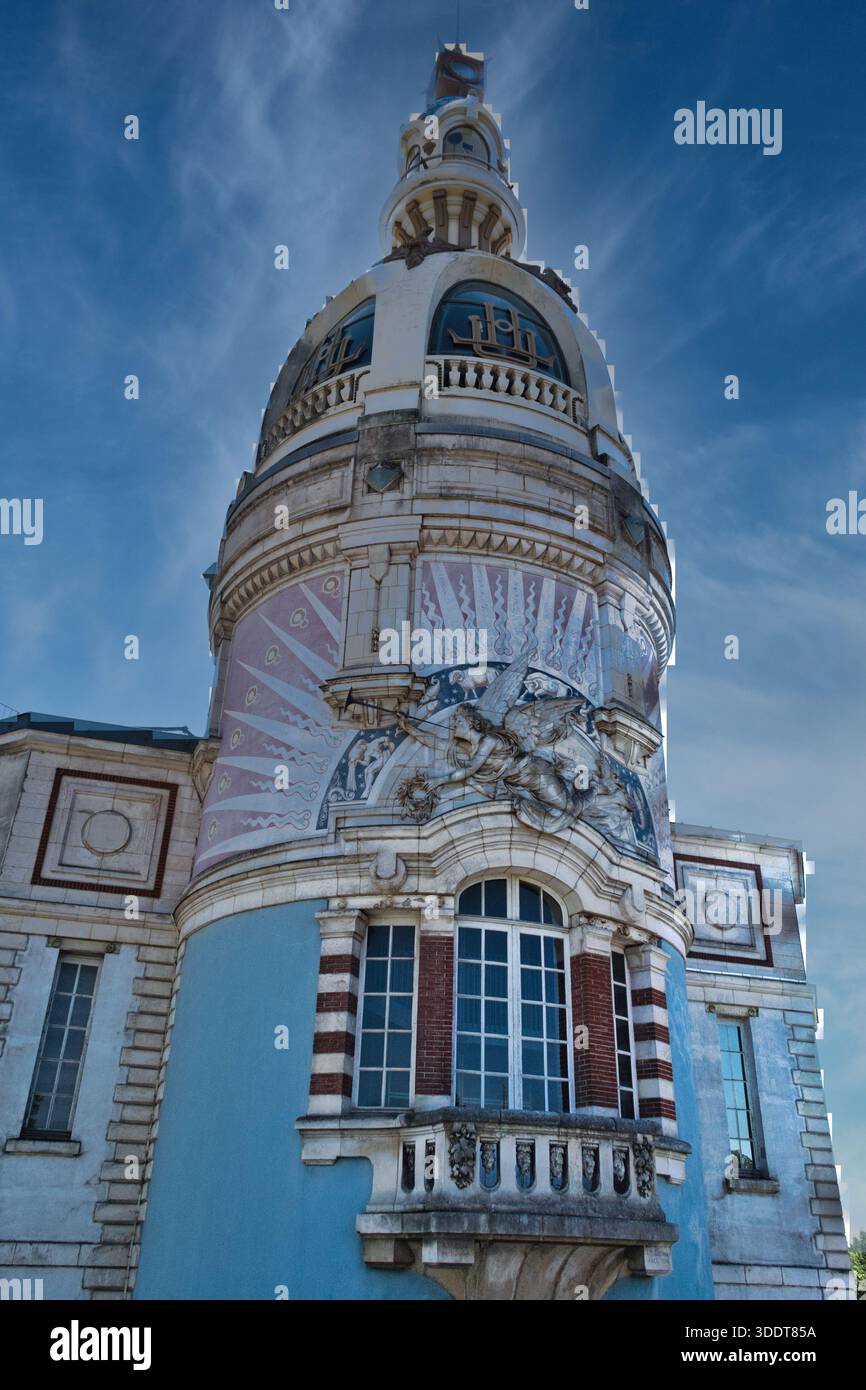 Ornate Art Nouveau Tower Cupola Against Blue Sky; Low angle view of an ...