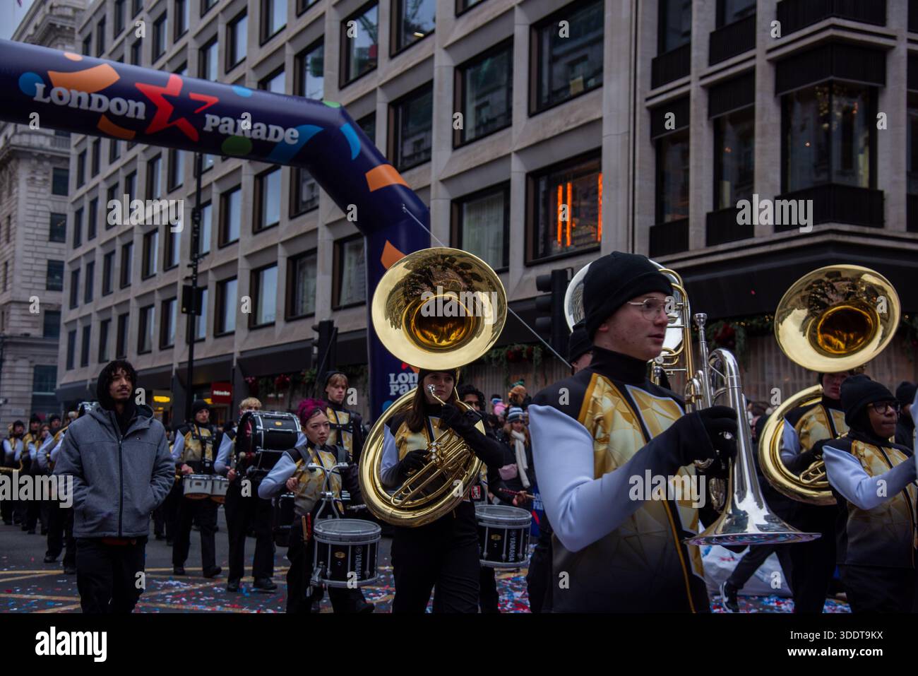 A marching band performs during the London New Year’s Day Parade 2026 ...
