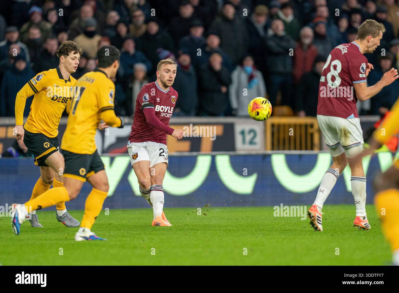 West Ham United forward Jarrod Bowen (20) crosses the ball during the ...