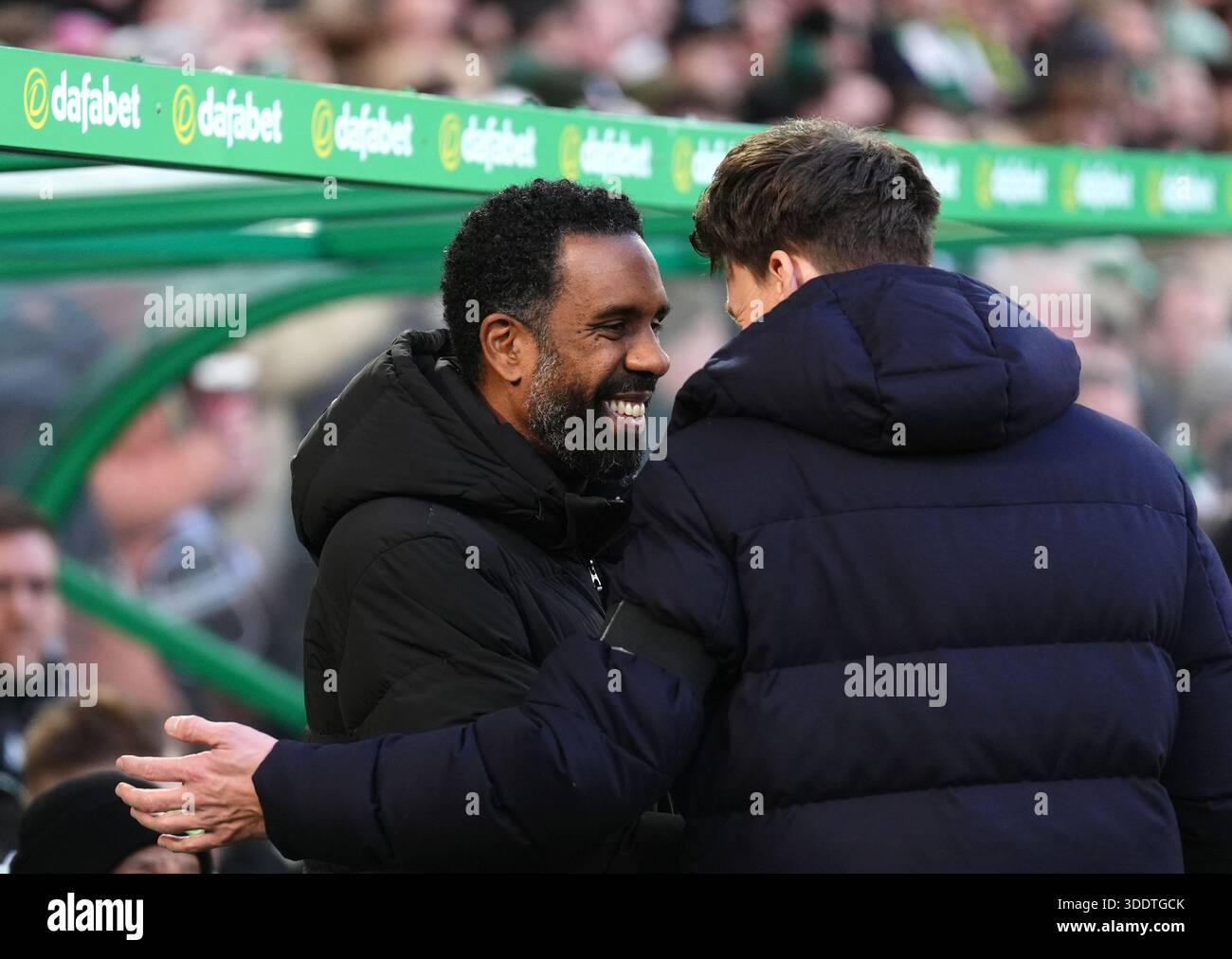 Celtic manager Wilfried Nancy greets Rangers manager Danny Rohl ahead ...