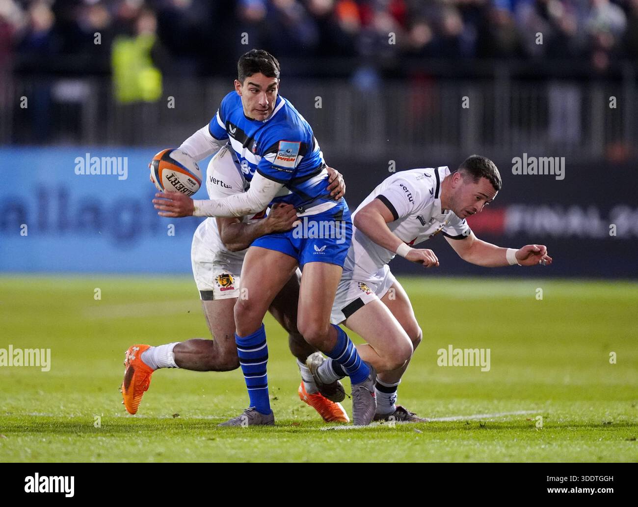 Bath Rugby's Santiago Carreras is tackled by Exeter Chiefs' Immanuel ...