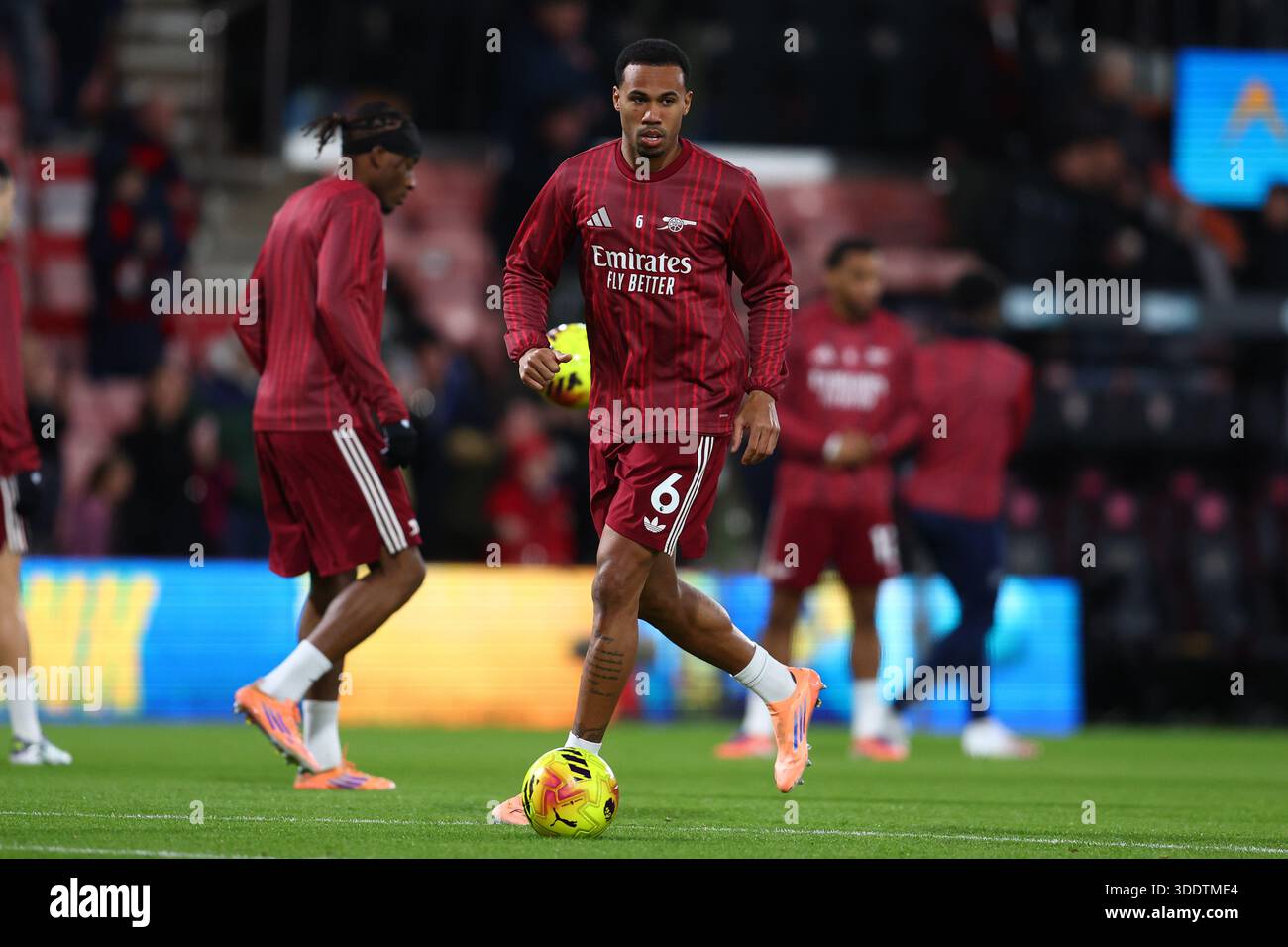 Bournemouth, England, 3rd January 2026. Gabriel of Arsenal warms up ...