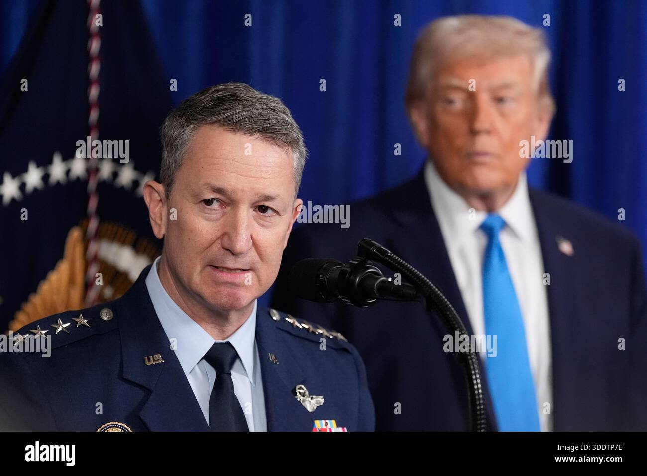 President Donald Trump listens as Chairman of the Joint Chiefs of Staff ...