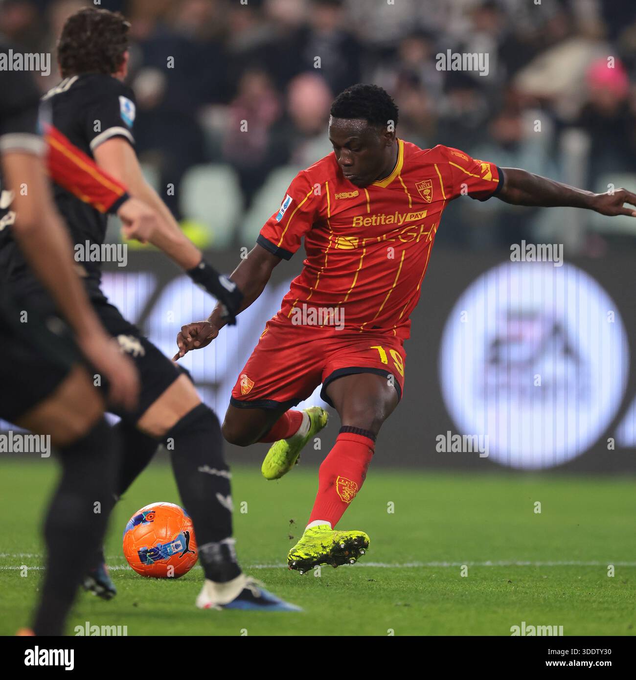 Turin, Italy, 3rd January 2026. Lameck Banda of US Lecce scores to give ...