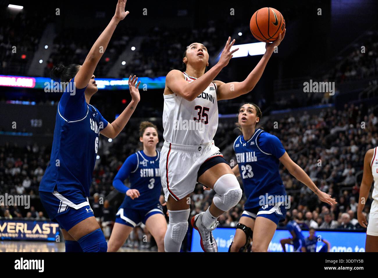 UConn guard Azzi Fudd (35) shoots against Seton Hall in the first half ...