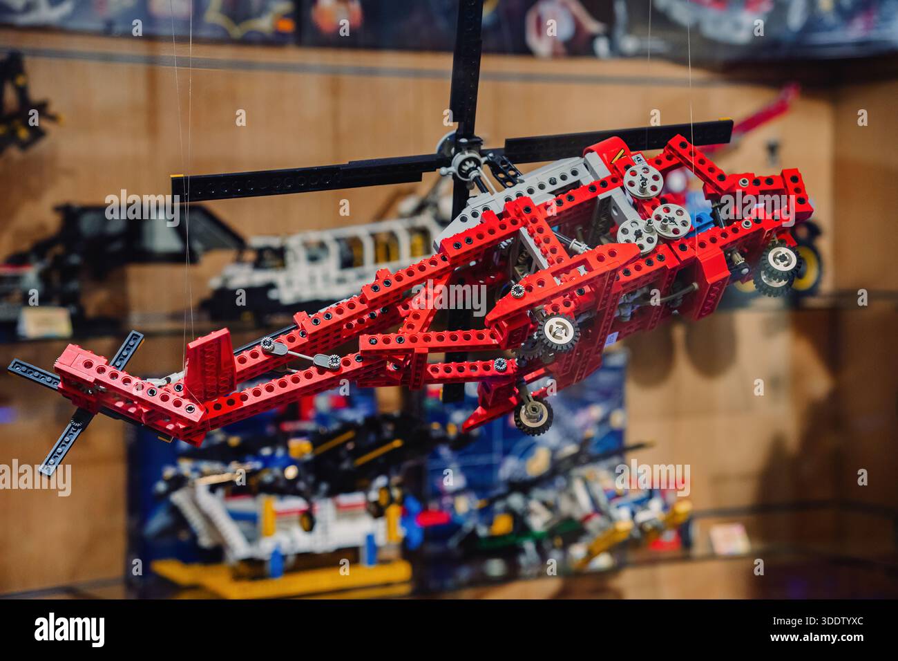 Prague, Czechia - 20 December 2025. Red LEGO Technic helicopter model ...
