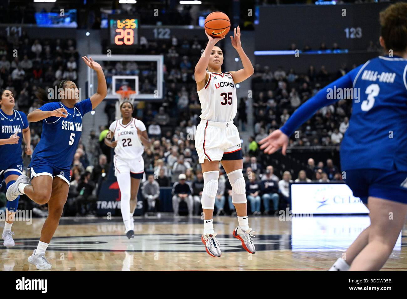 UConn guard Azzi Fudd (35) shoots against Seton Hall in the first half ...