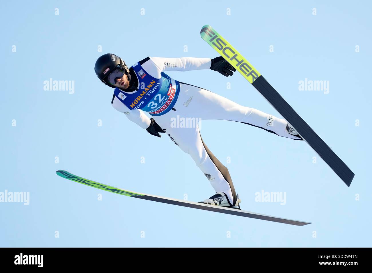 Kevin Bickner, of the United States, soars through the air during his ...