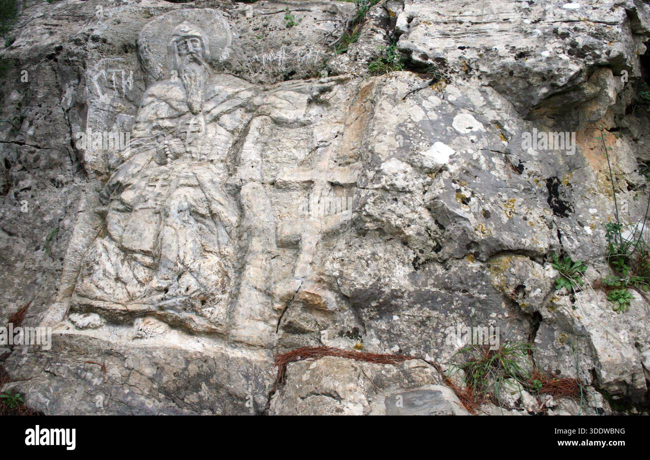 Engraving of Saint Simeon in the rock at the Serbian Orthodox Hilandar ...