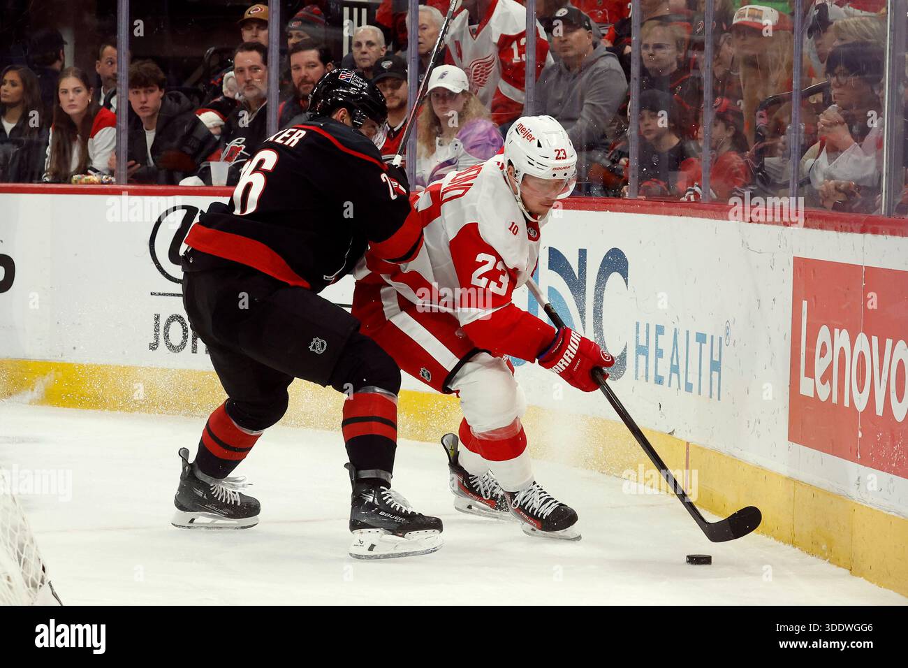 Detroit Red Wings' Lucas Raymond (23) battles for the puck with ...