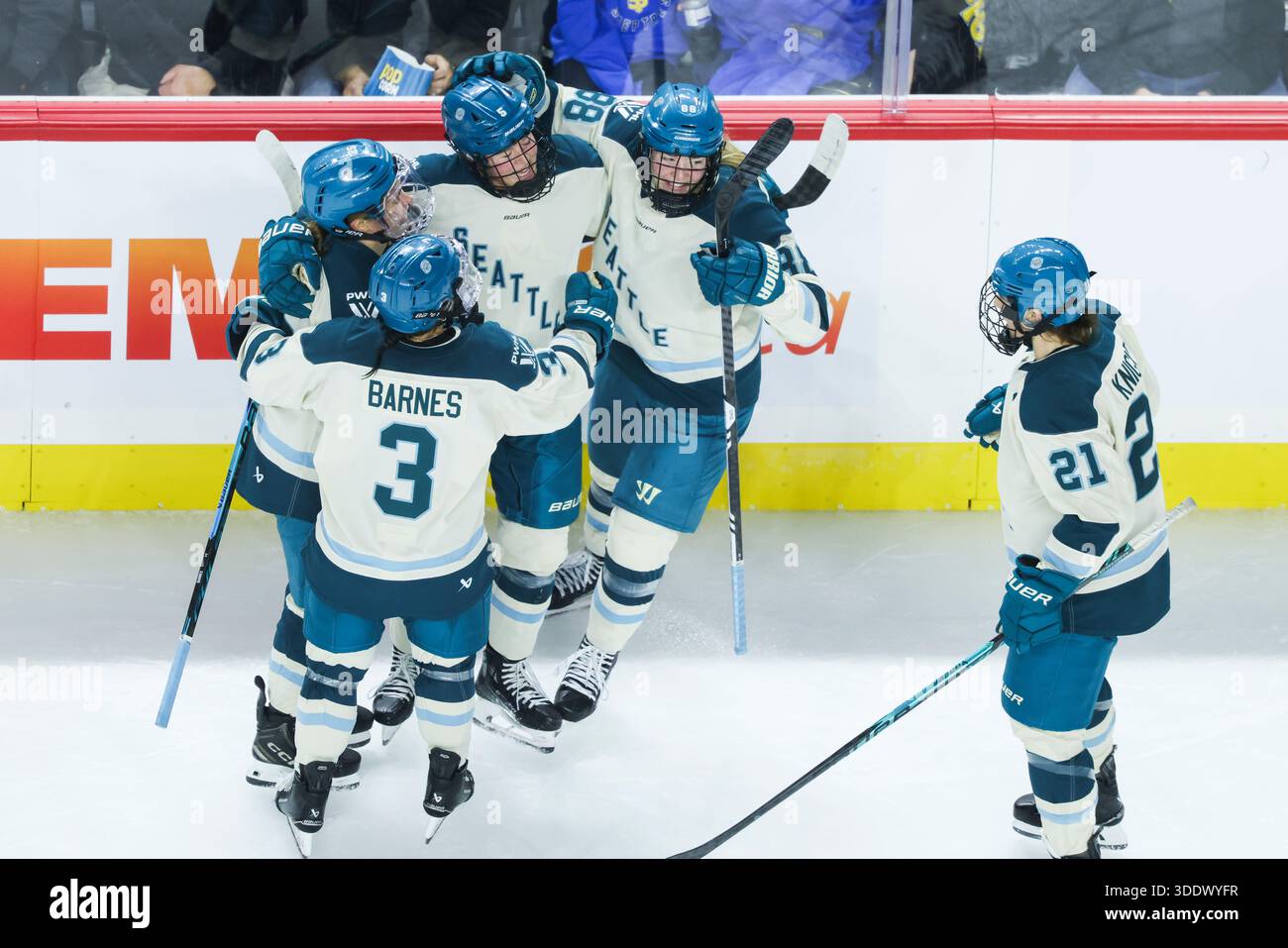 Seattle Torrent teammates celebrate a goal against the Toronto Sceptres ...