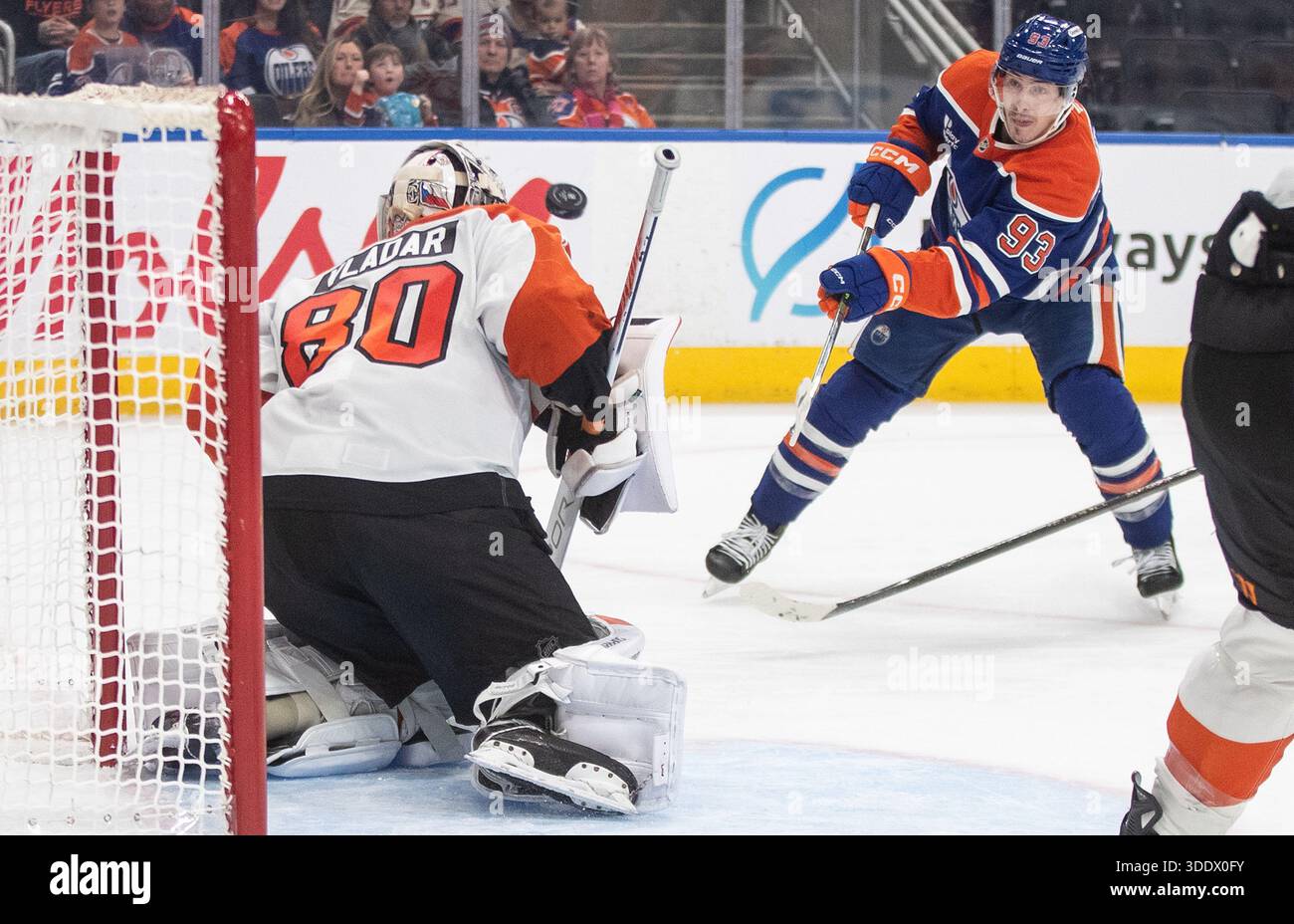 Philadelphia Flyers' goalie Dan Vladar (80) makes a save on Edmonton ...