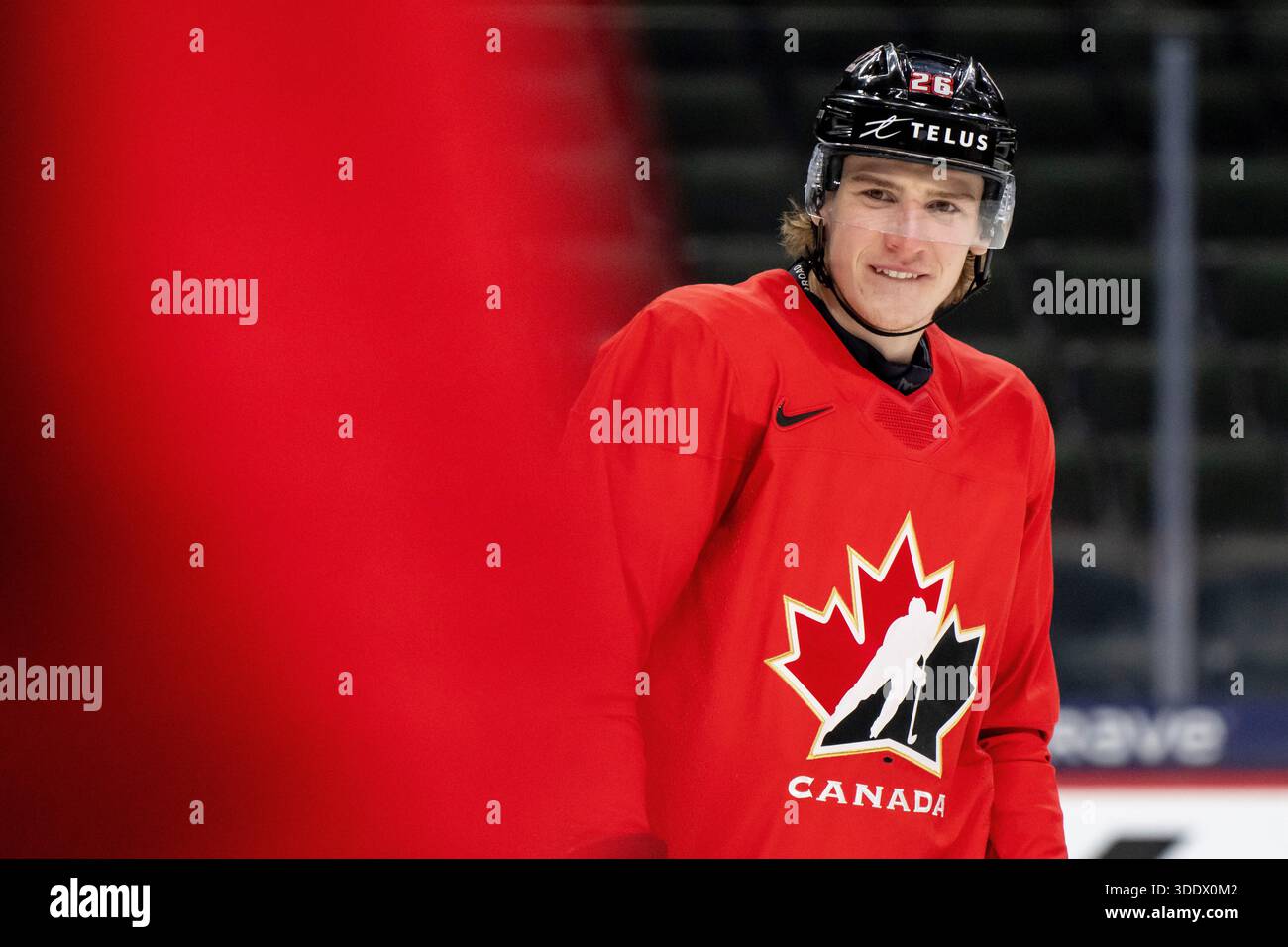 Canada's Cole Beaudoin looks on at practice during the 2026 IIHF World ...