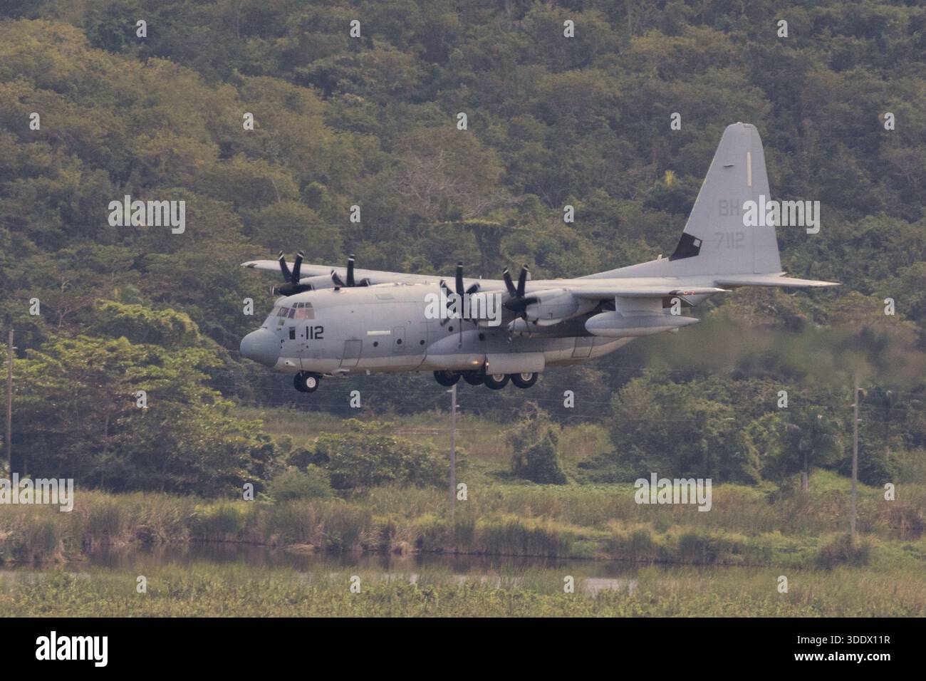 A U.S. Marine Corps KC-130 transport aircraft lands near José Aponte de ...