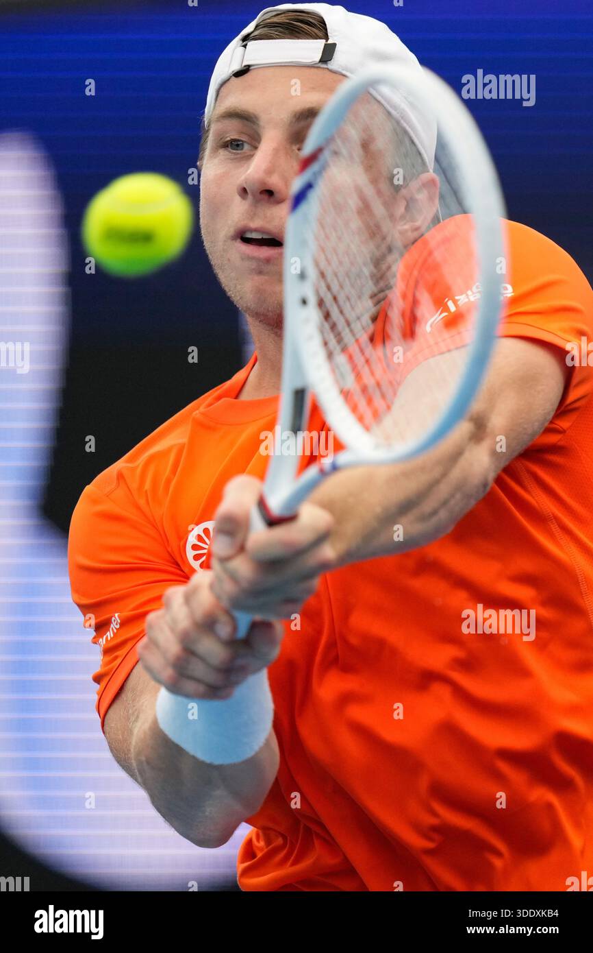 Tallon Griekspoor of Netherlands hits a backhand to Alexander Zverev of ...