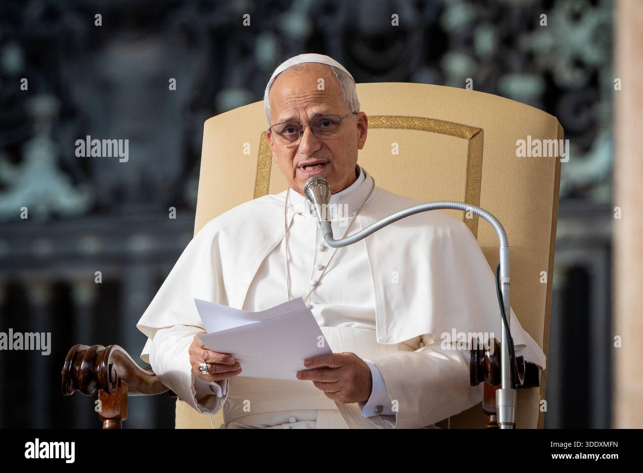 Pope Leo XIV delivers his speeches during his traditional Wednesday ...