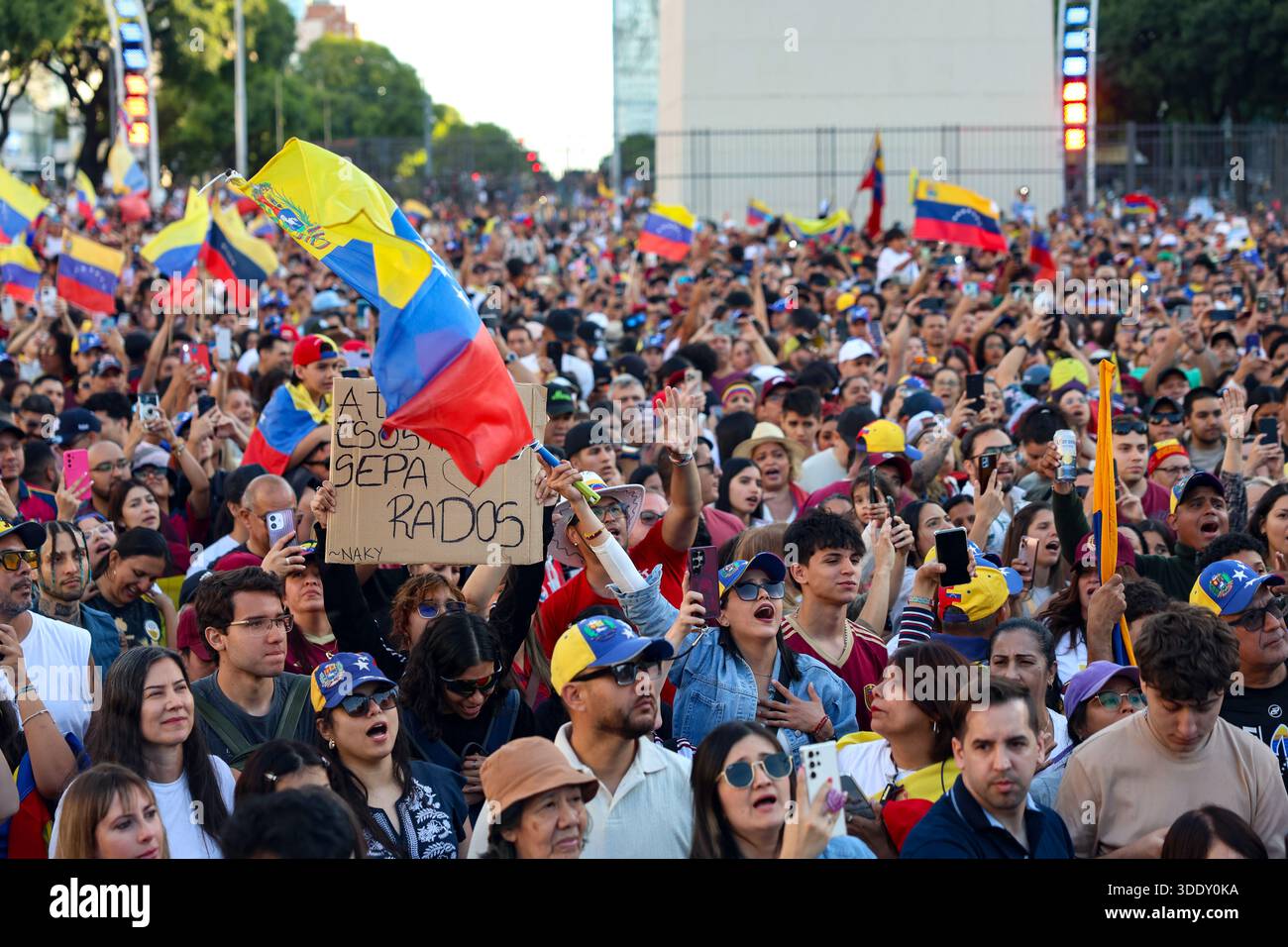 03 January 2026, Argentina, Buenos Aires: Venezuelans gather at the ...